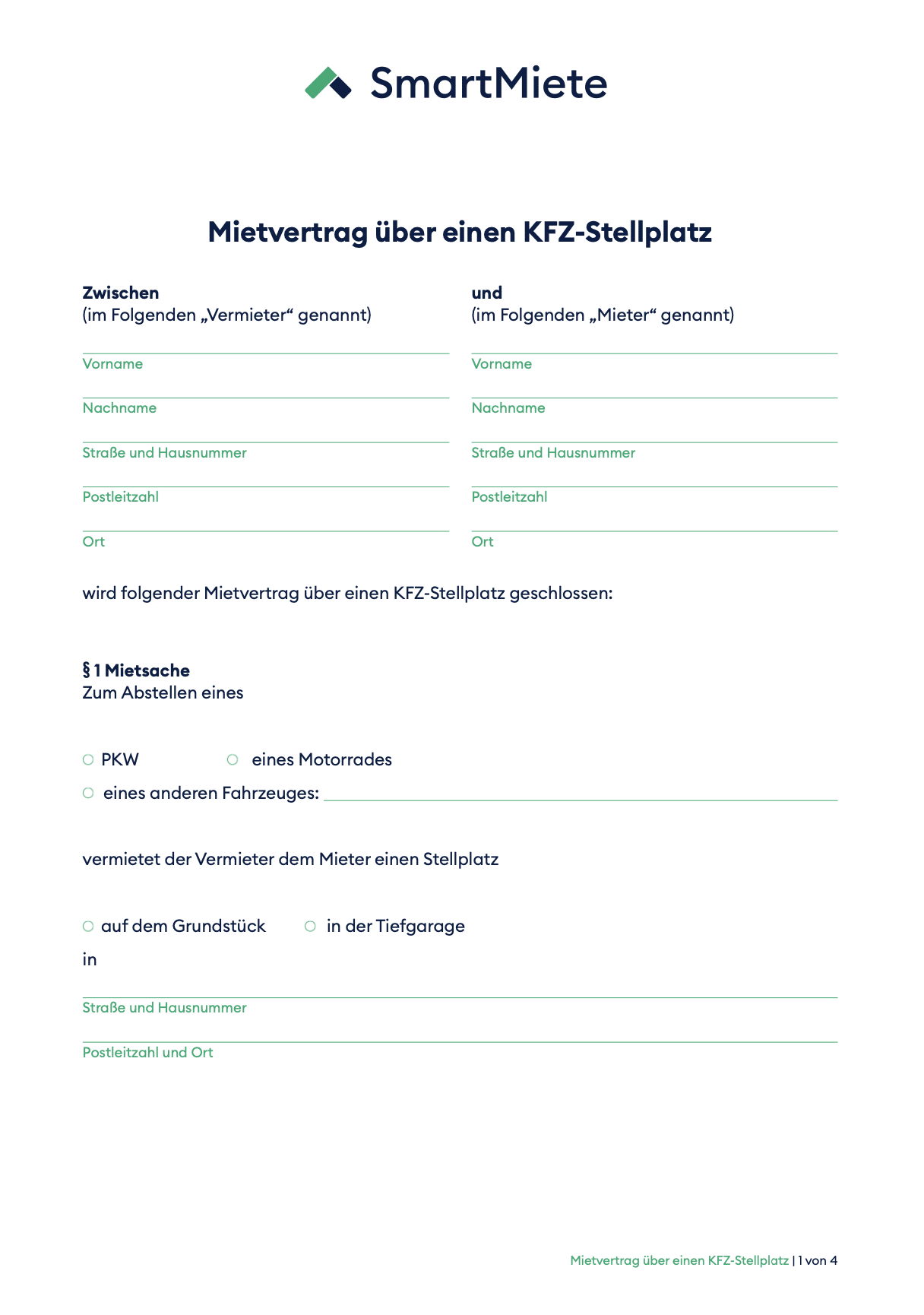 Mietvertrag Stellplatz Garage